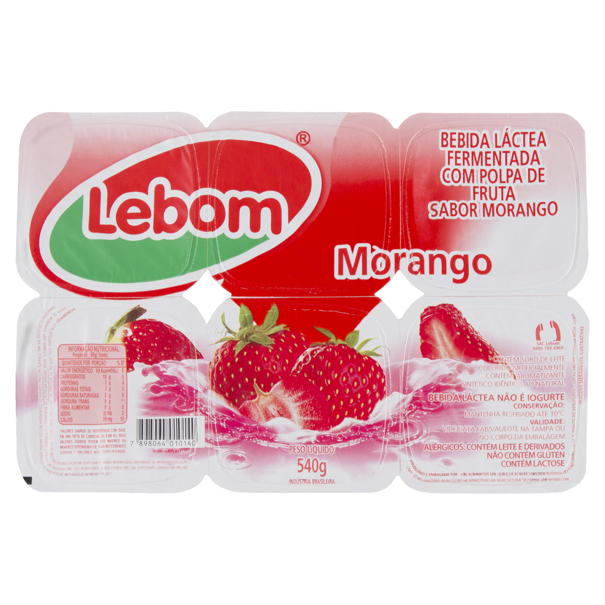 BEBIDA LÁCTEA FERMENTADA MORANGO LEBOM BANDEJA 540G 6 UNIDADES · ilergic - Para você